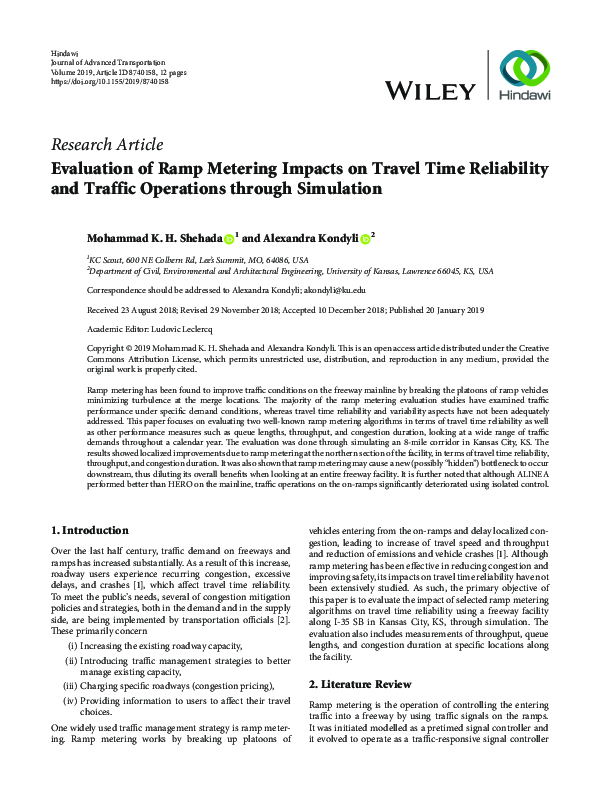 Pdf Evaluation Of Ramp Metering Impacts On Travel Time Reliability And Traffic Operations