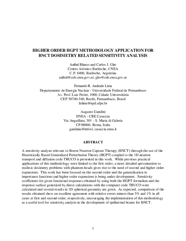 (PDF) HGPT Methodology for BNCT Dosimetry Sensitivity Analysis