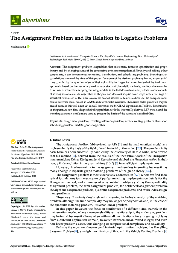 (PDF) The Assignment Problem and Its Relation to Logistics Problems