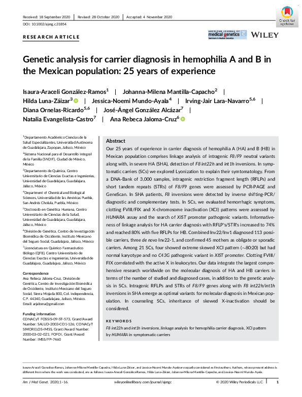 (PDF) Genetic analysis for carrier diagnosis in hemophilia A and B in ...