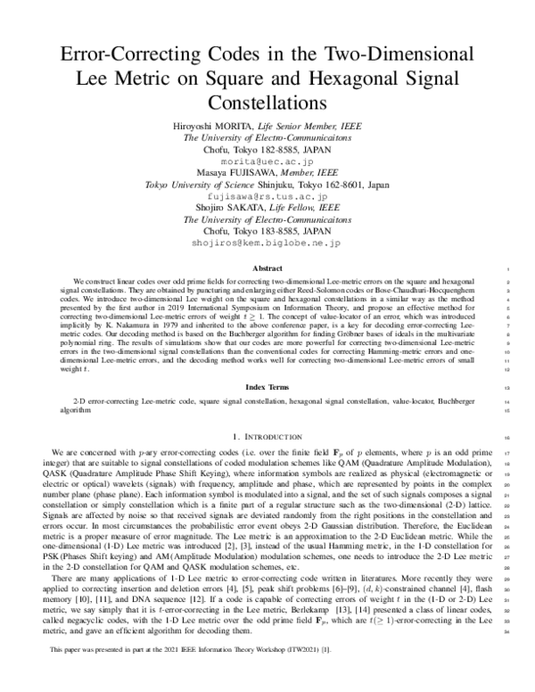 (PDF) Error-Correcting Codes in the Two-Dimensional Lee Metric on Square and Hexagonal Signal ...