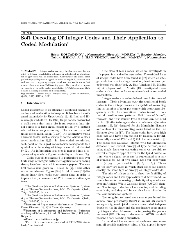(PDF) Soft Decoding of Integer Codes and Their Application to Coded ...
