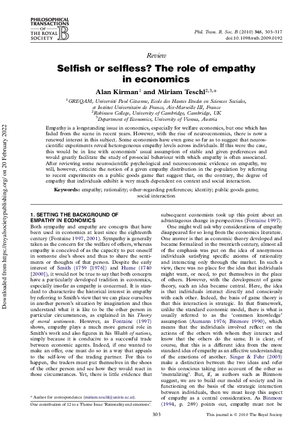 (PDF) Selfish or selfless? The role of empathy in economics