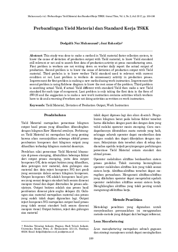 (PDF) Perbandingan Yield Material dan Standard Kerja TSKK
