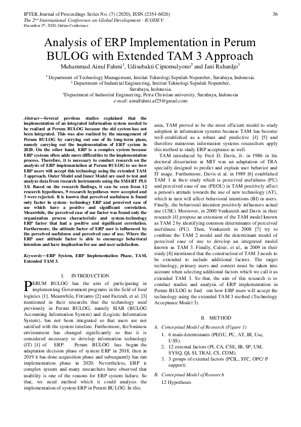 (PDF) Analysis of ERP Implementation in Perum BULOG with Extended TAM 3 Approach