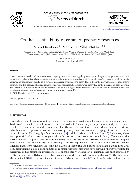 (PDF) On the sustainability of common property resources