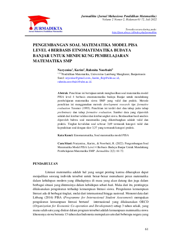 (PDF) Pengembangan Soal Matematika Model Pisa Level 4 Berbasis Etnomatematika Budaya Banjar ...
