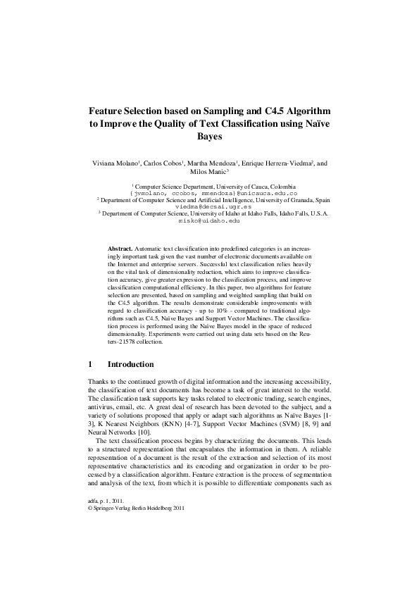 (PDF) Feature Selection Based on Sampling and C4.5 Algorithm to Improve the Quality of Text ...