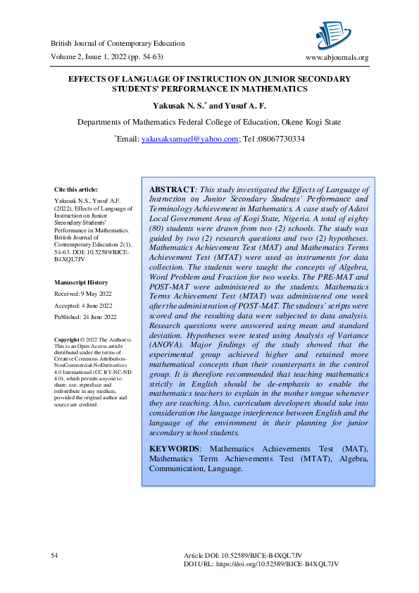 (PDF) EFFECTS OF LANGUAGE OF INSTRUCTION ON JUNIOR SECONDARY STUDENTS' PERFORMANCE IN MATHEMATICS