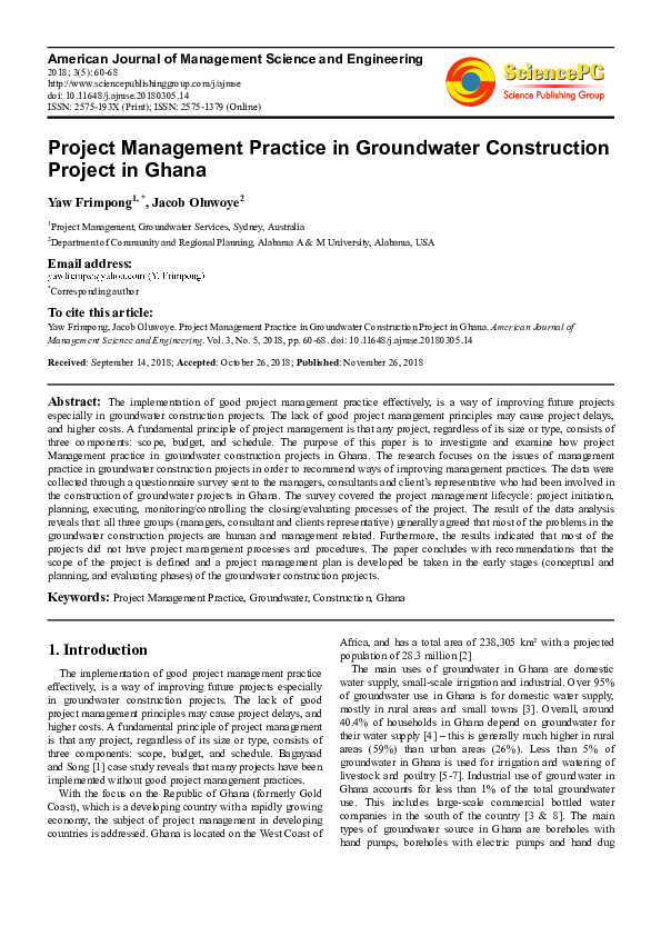 (PDF) Project Management Practice in Groundwater Construction Project in Ghana