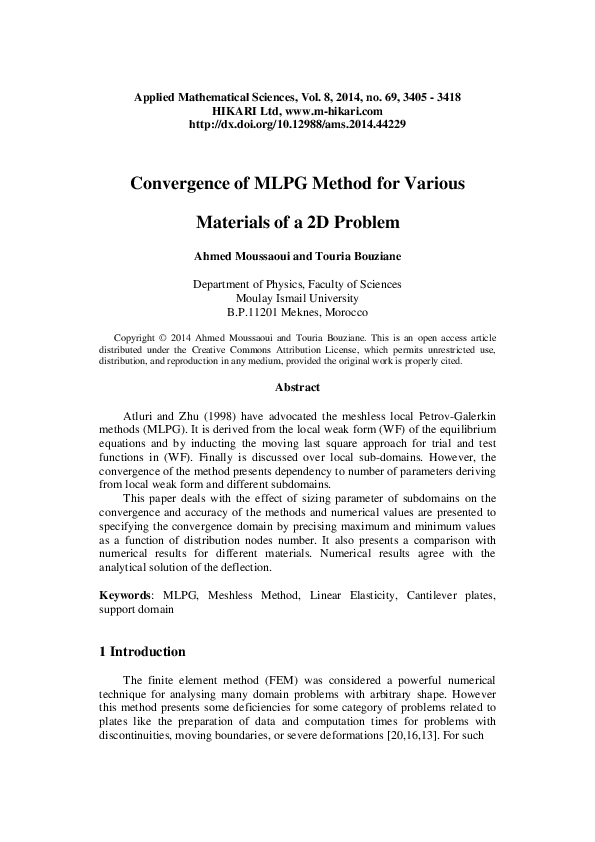 (PDF) Convergence of MLPG method for various materials of a 2D problem
