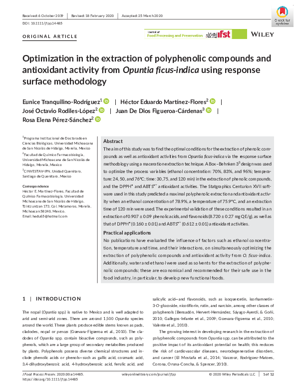(PDF) Optimization in the extraction of polyphenolic compounds and antioxidant activity from ...