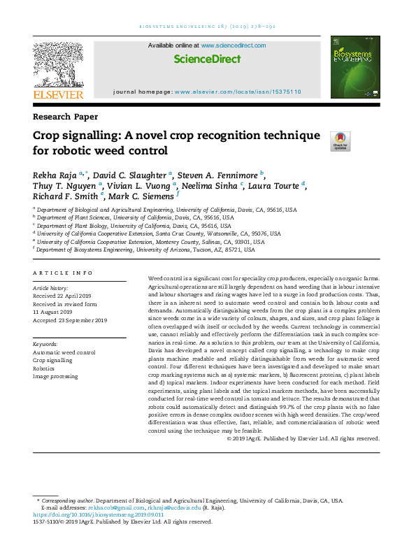 Pdf Crop Signalling A Novel Crop Recognition Technique For Robotic Weed Control