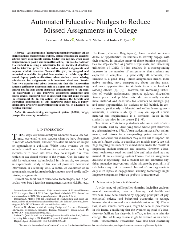 (PDF) Automated Educative Nudges to Reduce Missed Assignments in College