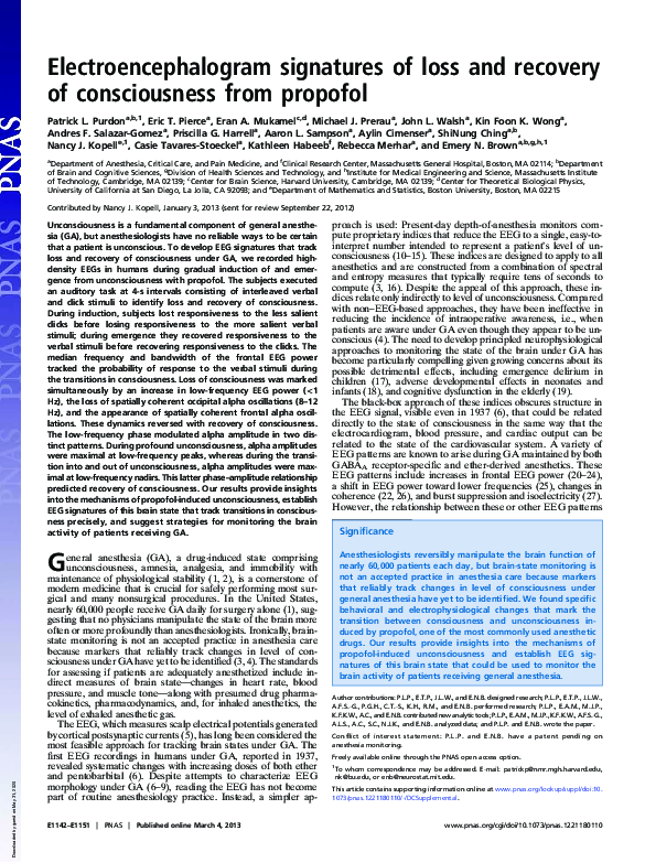 (PDF) Electroencephalogram signatures of loss and recovery of ...