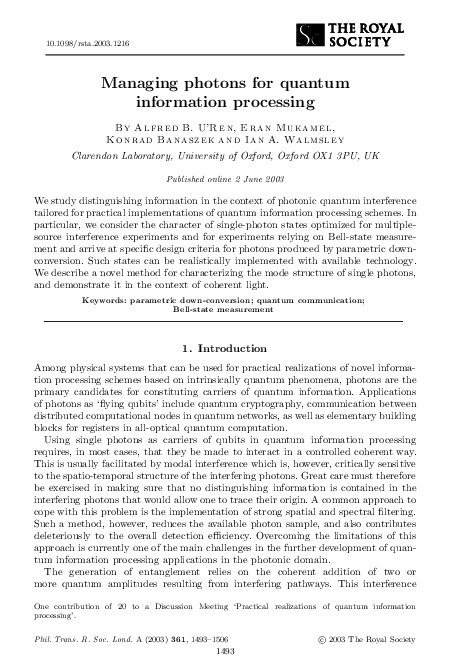 (PDF) Managing photons for quantum information processing