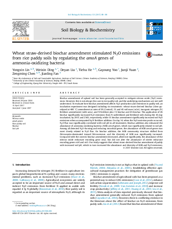 (PDF) Wheat straw-derived biochar amendment stimulated N2O emissions from rice paddy soils by ...
