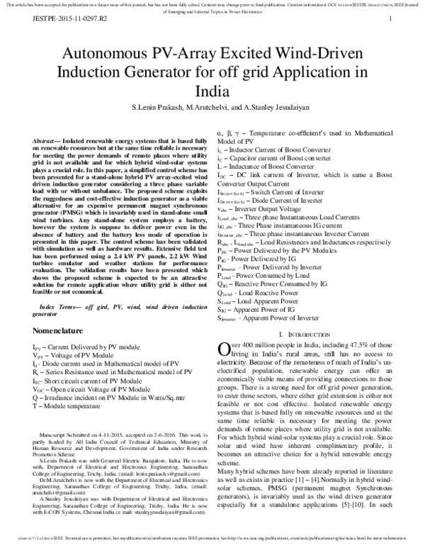 Pdf Autonomous Pv Array Excited Wind Driven Induction Generator For Off Grid Application In India