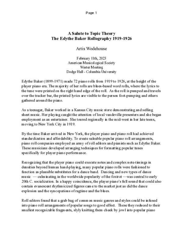 (PDF) A Salute to Topic Theory The Edythe Baker Rollography 1919-1926