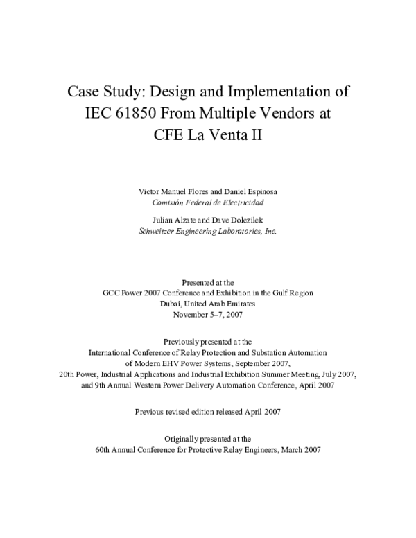 (PDF) Case Study: Design and Implementation of IEC 61850 From Multiple Vendors at CFE La Venta II