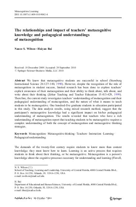 (PDF) The relationships and impact of teachers’ metacognitive knowledge ...