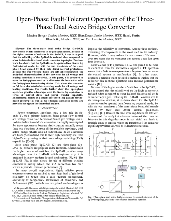 Pdf Open Phase Fault Tolerant Operation Of The Three Phase Dual