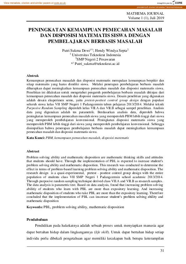 (PDF) Peningkatan Kemampuan Pemecahan Masalah Dan Disposisi Matematis Siswa Dengan Pembelajaran ...