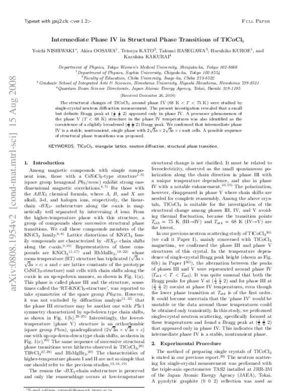 (PDF) Intermediate Phase IV in Structural Phase Transitions of TlCoCl $ _3$