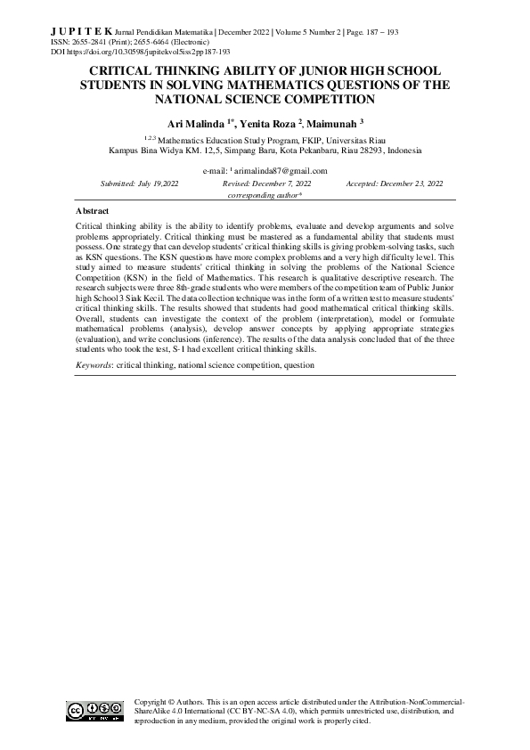 (PDF) Critical Thinking Ability of Junior High School Students in Solving Mathematics Questions ...
