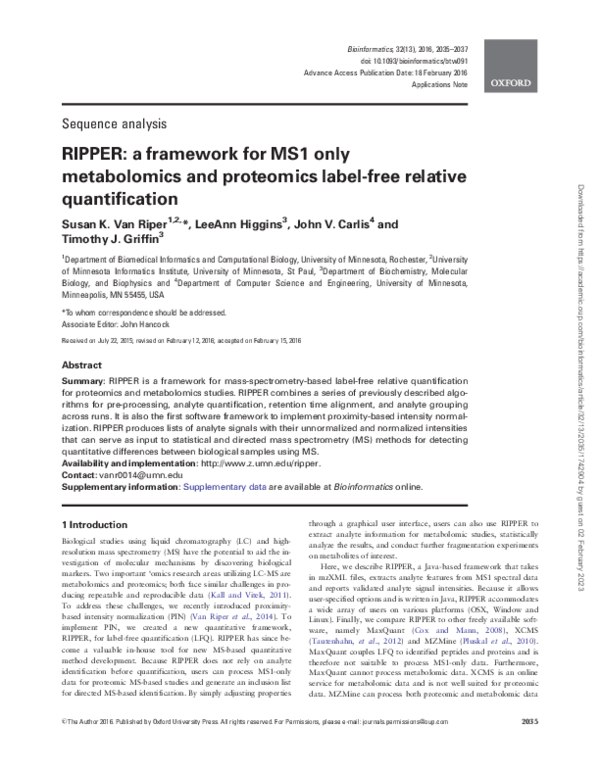 (PDF) RIPPER: a framework for MS1 only metabolomics and proteomics ...