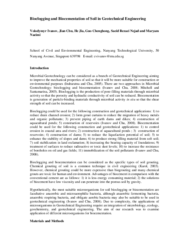 (PDF) Bioclogging and Biocementation of Soil in Geotechnical Engineering
