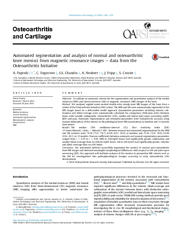 (PDF) Automated segmentation and analysis of normal and osteoarthritic knee menisci from ...