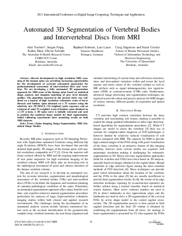 Pdf Automated 3d Segmentation Of Vertebral Bodies And Intervertebral Discs From Mri 