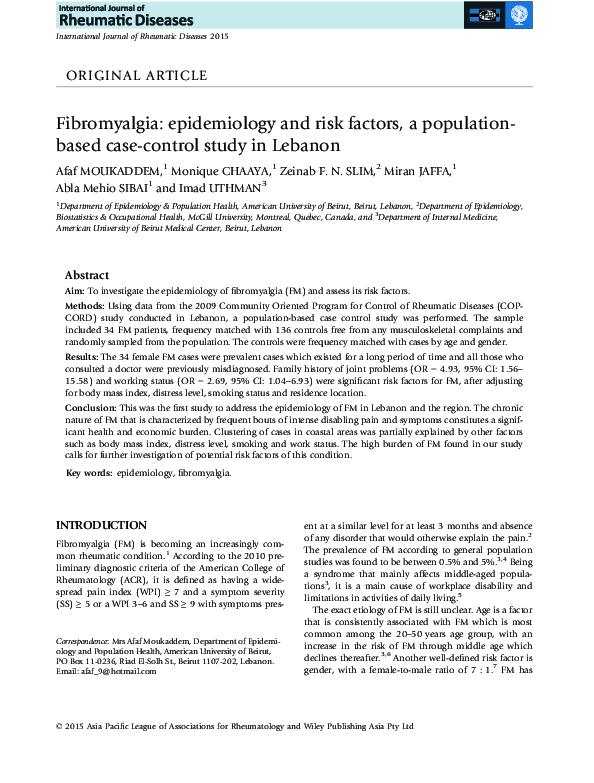 (PDF) Fibromyalgia: epidemiology and risk factors, a population-based ...