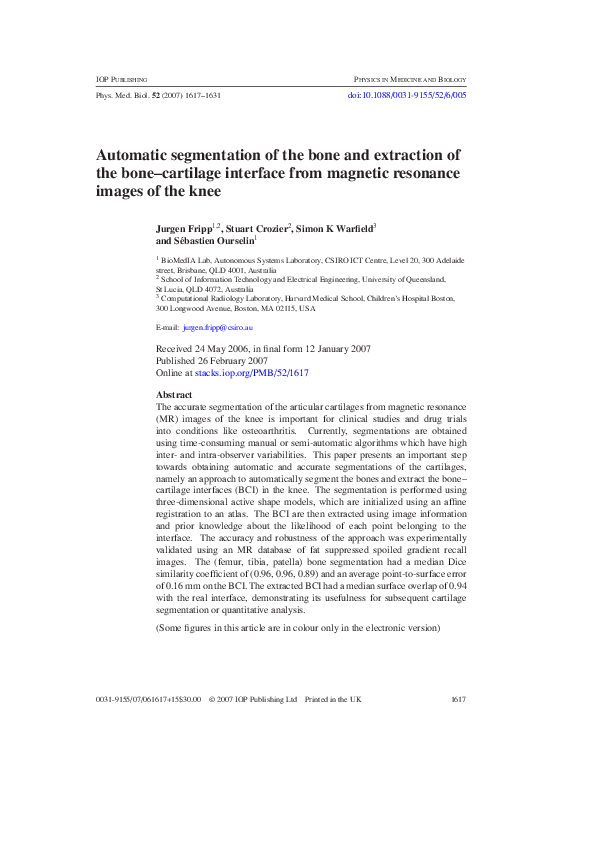 (PDF) Automatic segmentation of the bone and extraction of the bone–cartilage interface from ...