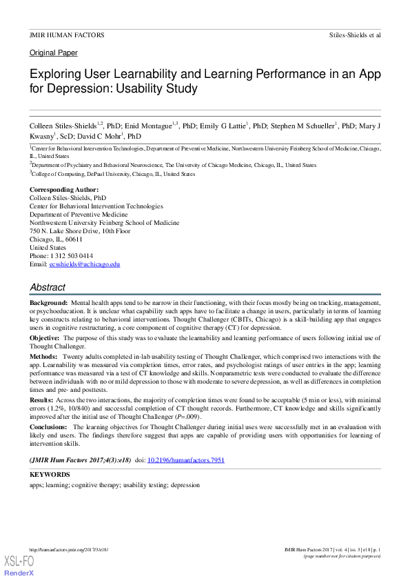 (PDF) Exploring User Learnability and Learning Performance in an App for Depression: Usability Study