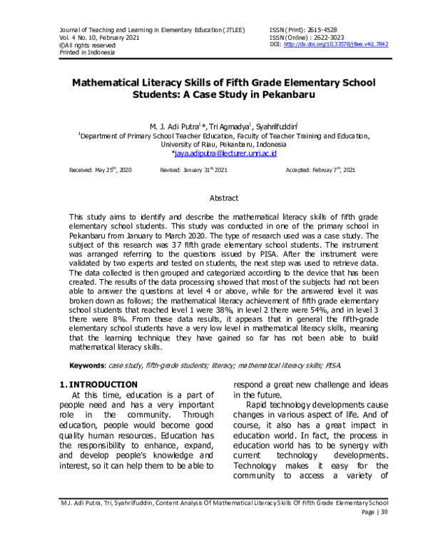 (PDF) Mathematical Literacy Skills of Fifth Grade Elementary School ...