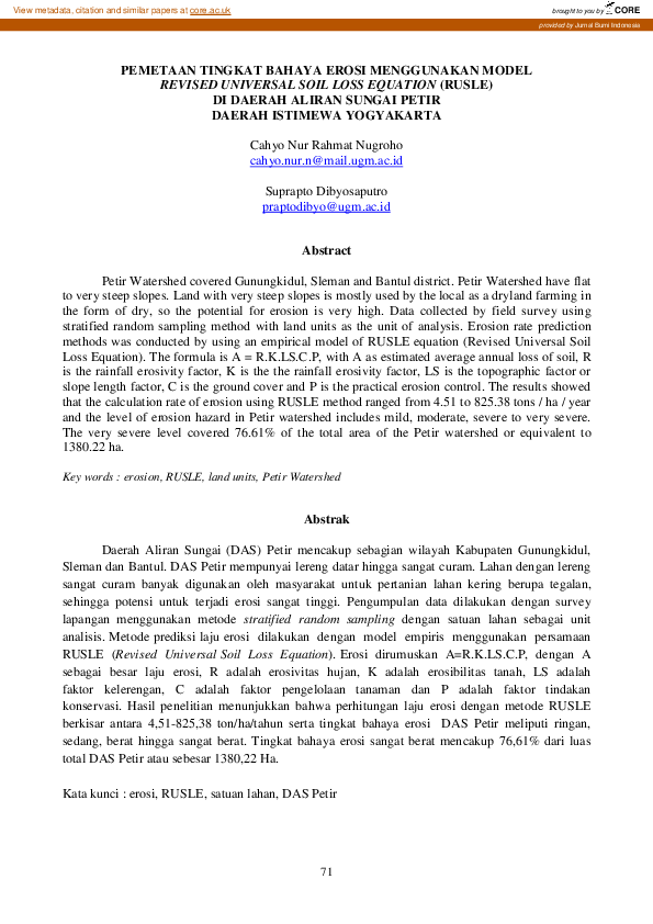 (PDF) Pemetaan Tingkat Bahaya Erosi Menggunakan Model Revised Universal Soil Loss Equation ...