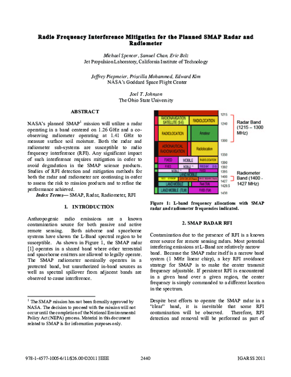 (PDF) Radio frequency interference mitigation for the planned SMAP radar and radiometer