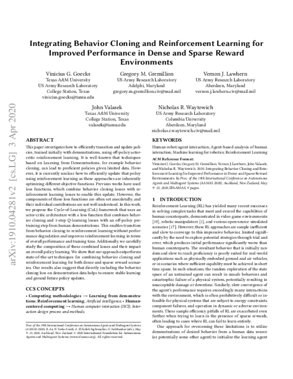 Pdf Integrating Behavior Cloning And Reinforcement Learning For