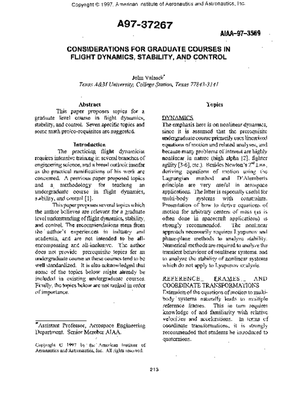 (PDF) Considerations for graduate courses in flight dynamics, stability ...