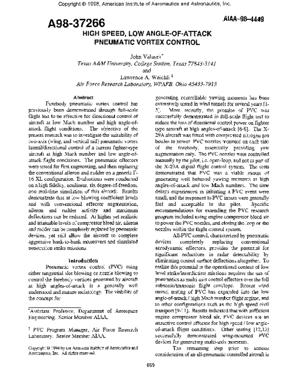 (PDF) High speed, low angle-of-attack pneumatic vortex control