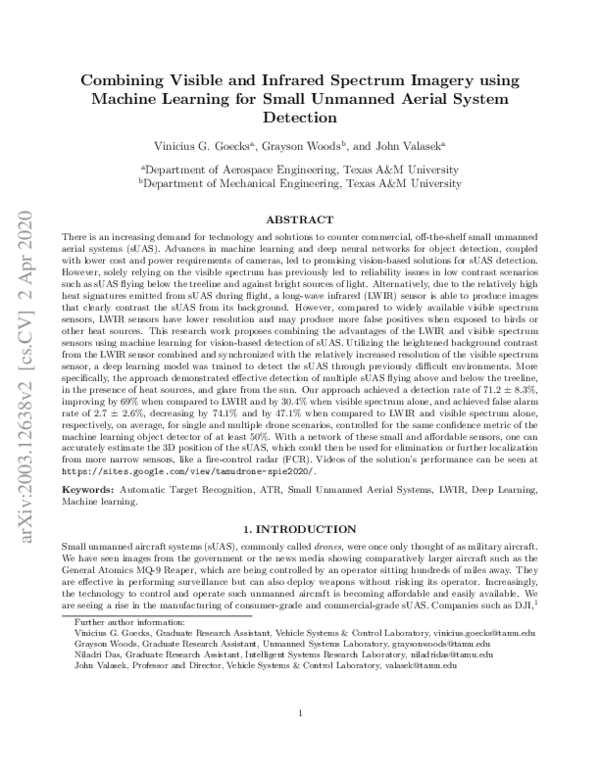 Pdf Combining Visible And Infrared Spectrum Imagery Using Machine Learning For Small Unmanned