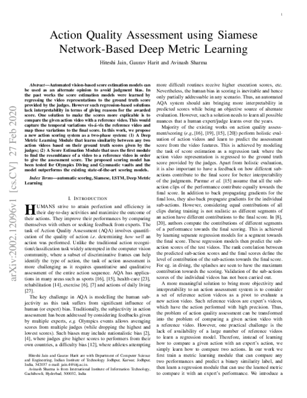 (PDF) Action Quality Assessment Using Siamese Network-Based Deep Metric Learning