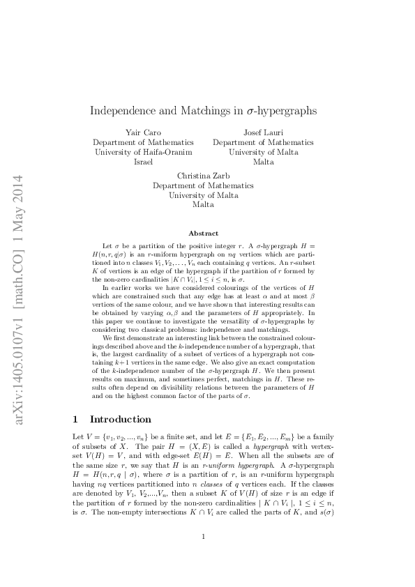 (PDF) Independence and Matchings in $\sigma$-hypergraphs