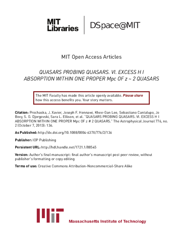 (PDF) QUASARS PROBING QUASARS. VI. EXCESS H I ABSORPTION WITHIN ONE ...