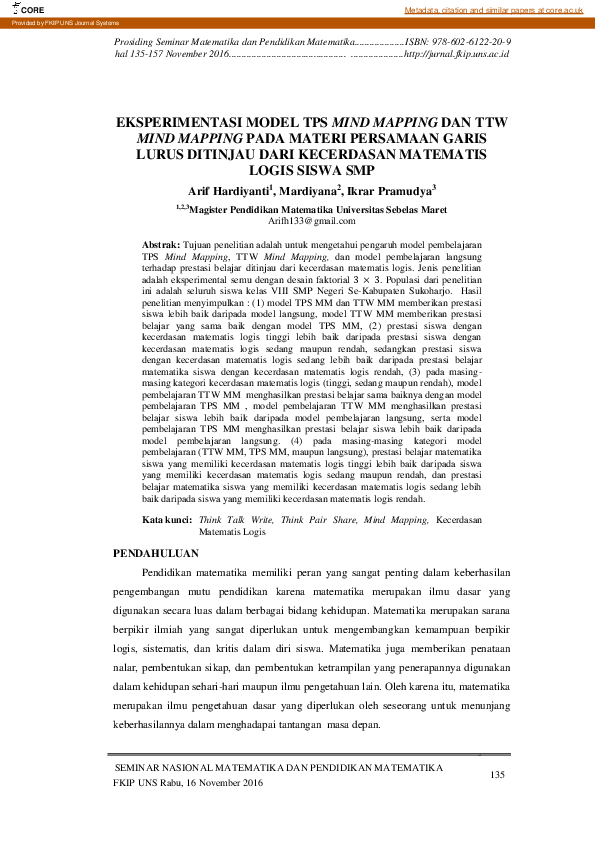 (PDF) Eksperimentasi Model TPS Mind Mapping Dan TTW Mind Mapping Pada Materi Persamaan Garis ...