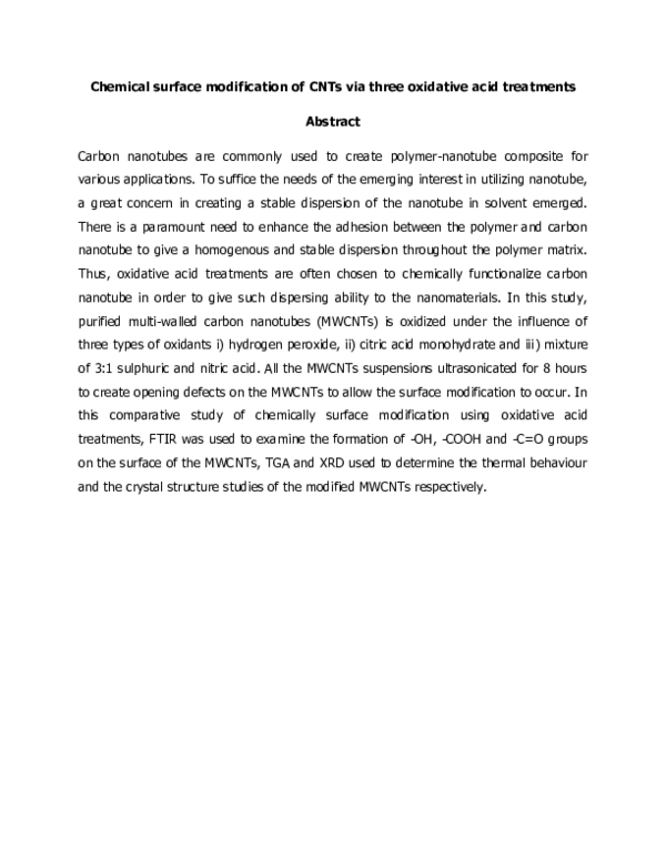 (PDF) Chemical Surface Modification of CNTs via Three Oxidative Acid ...