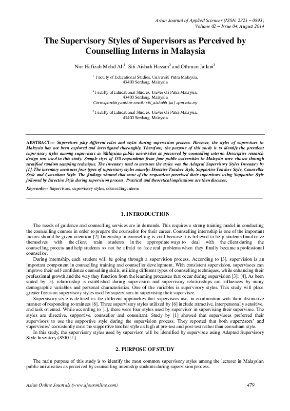 (PDF) The Supervisory Styles of Supervisors as Perceived by Counselling ...