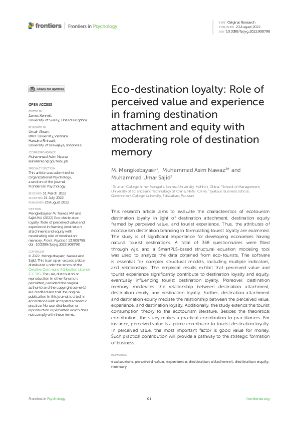 (PDF) Eco-destination loyalty: Role of perceived value and experience ...